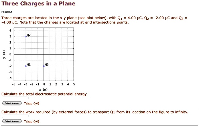 Three Charges in a Plane Points:2 Three charges are located...