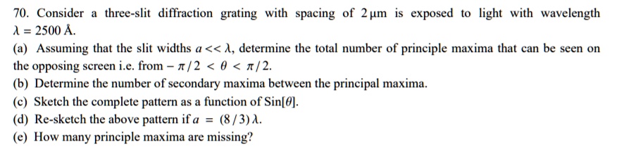 70. Consider a three-slit diffraction grating with spacing of 2 µm is ...
