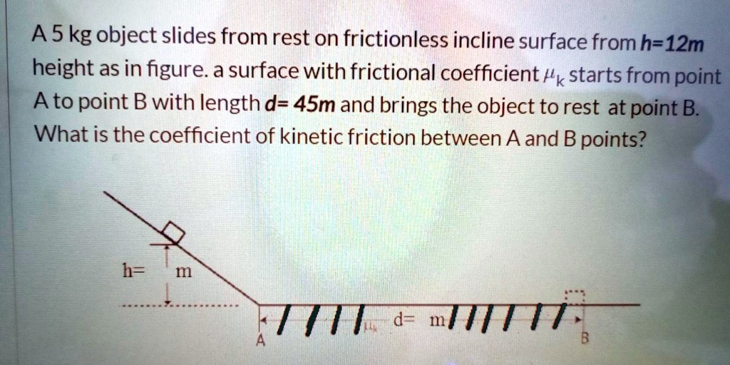 SOLVED: A 5 kg object slides from rest on a frictionless inclined surface from a 12m height as ...