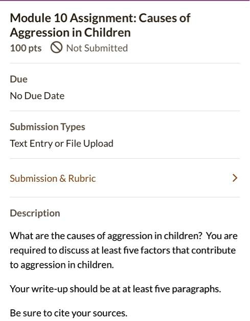 SOLVED: Module 10 Assignment: Causes of Aggression in Children 100 pts ...