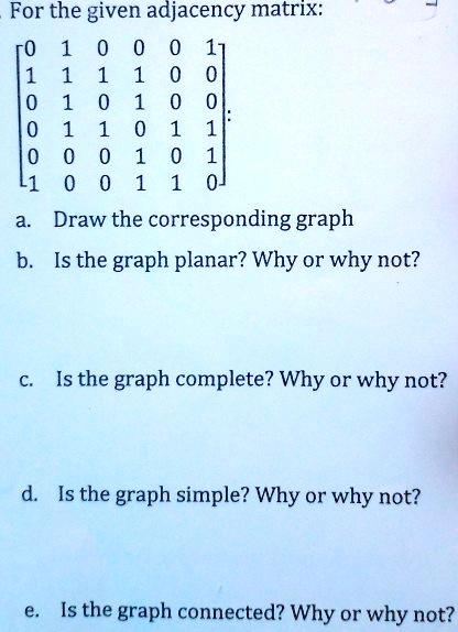 SOLVED: For the given adjacency matrix: 8 0 1 0 0 L1 Draw the ...