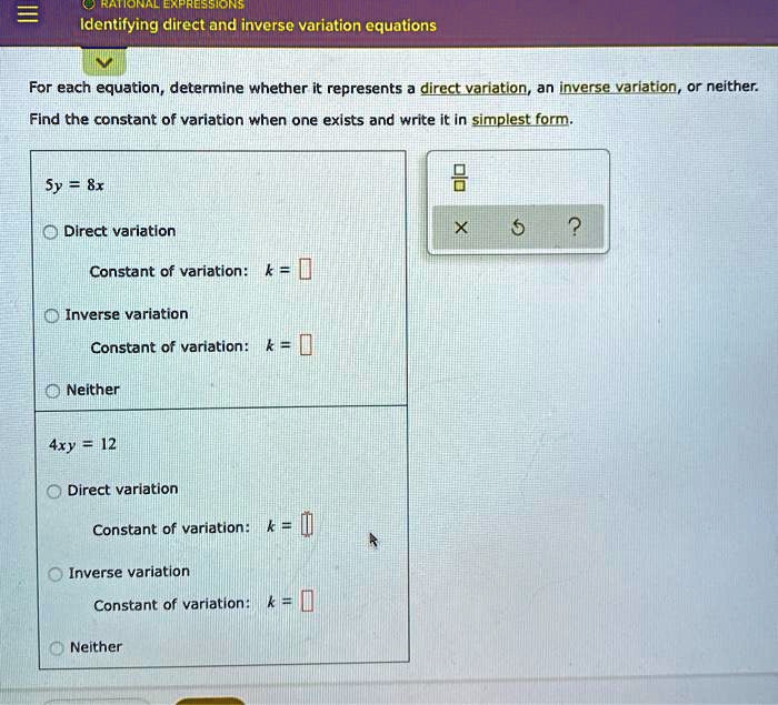oranional ecressions identifying direct and inverse variation equations for each equation ...