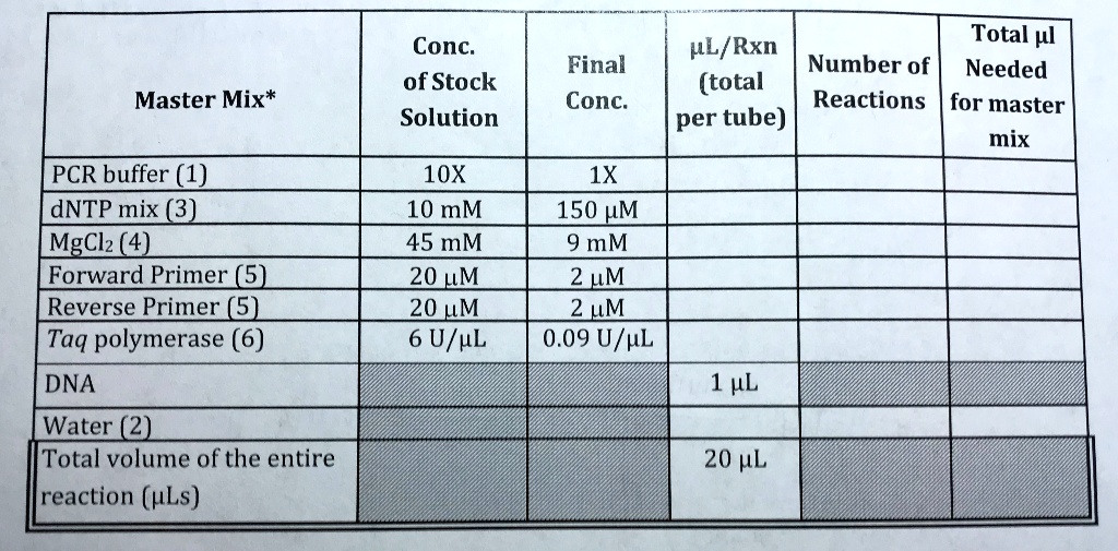 SOLVED:Conc of Stock Solution Total ul AL/Rxn Number of Needed (total ...