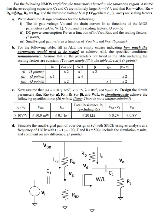 SOLVED: For the following NMOS amplifier, the transistor is biased in ...