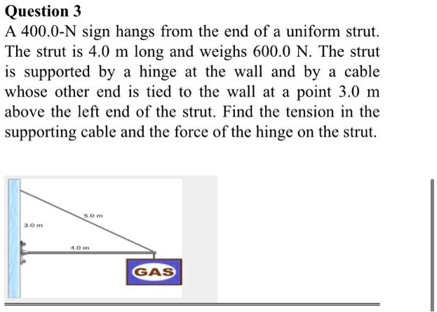 A 400.0-N sign hangs from the end of a uniform strut. The...