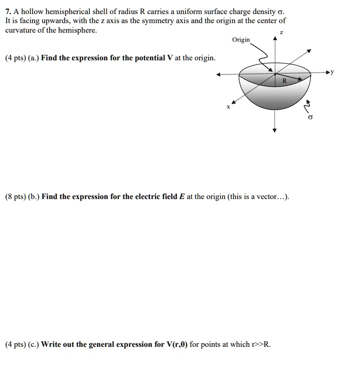 7. A hollow hemispherical shell of radius R carries a uniform surface ...