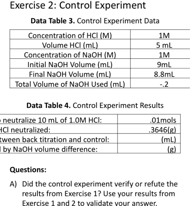 Exercise 2 Control Experiment Data Table 3 Control Experiment Data