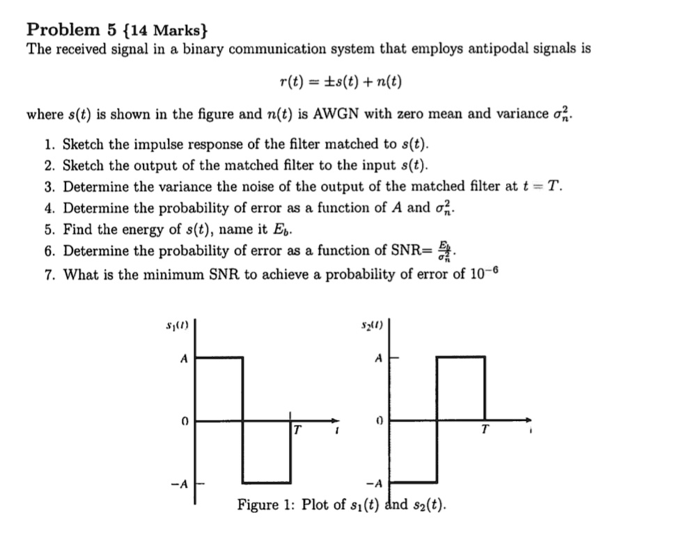 SOLVED: Problem 5 (14 Marks): The received signal in a binary communication system that employs ...