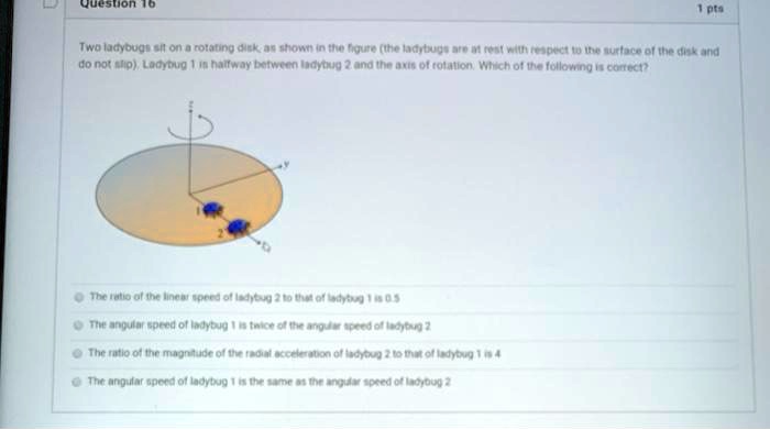 Question 16 1 pts Two ladybugs sit on a rotating disk, as shown in the figure (the ladybugs are ...