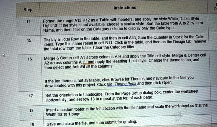 instructions step format the range a13h42 a5 table wllh headers and apply ine style white table ...