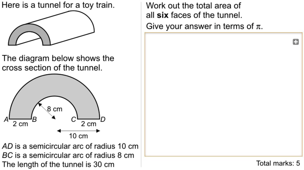 Here is a tunnel for a toy train. Work out the total area...