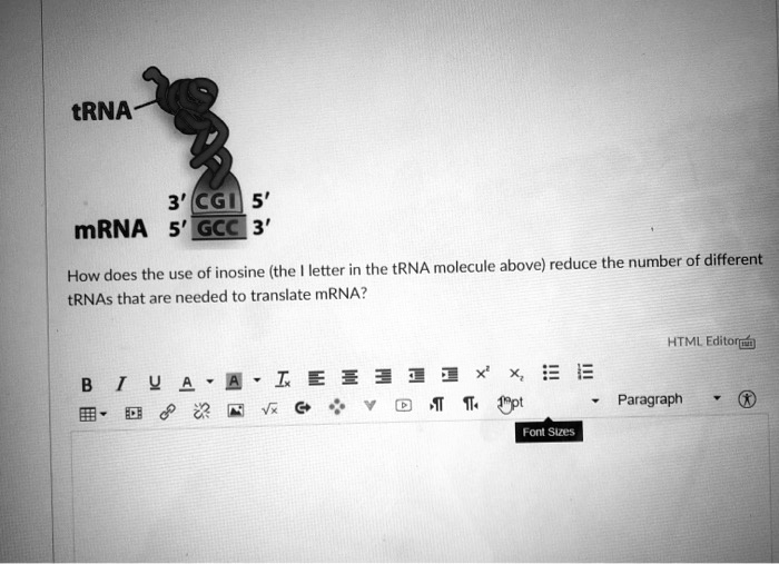 SOLVED:tRNA - 3' (cq mRNA 5' @CC37 of inosine (the letter in the tRNA ...