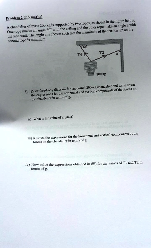 Problem 2 (2.5 marks) A chandelier of mass 200 kg is supported by two ...