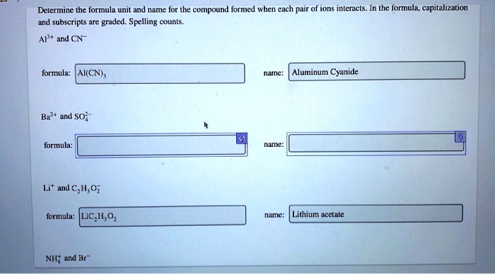 SOLVED: Determine the formula unit and nare for the compound formed when cach pair of ions ...