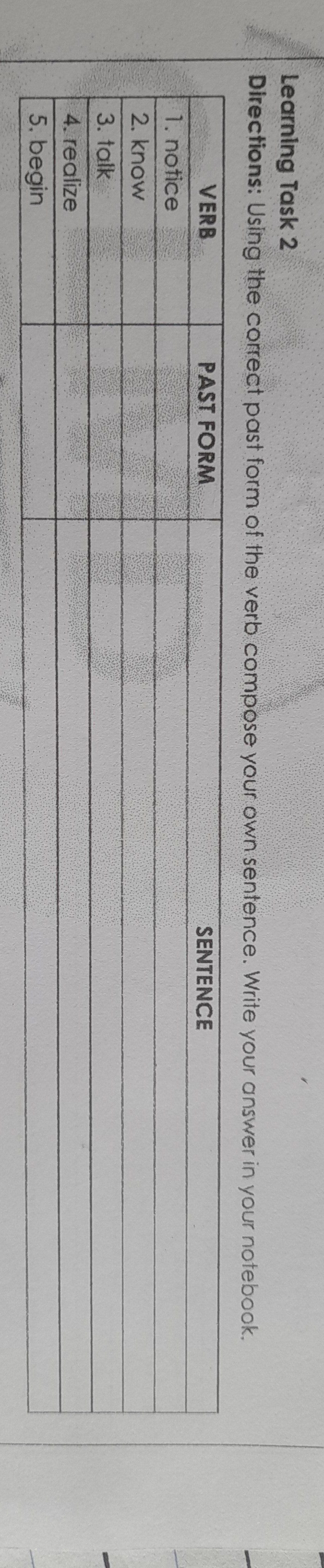 SOLVED: Learning Task 2 Directions: Using the correct past form of the verb compose your own ...