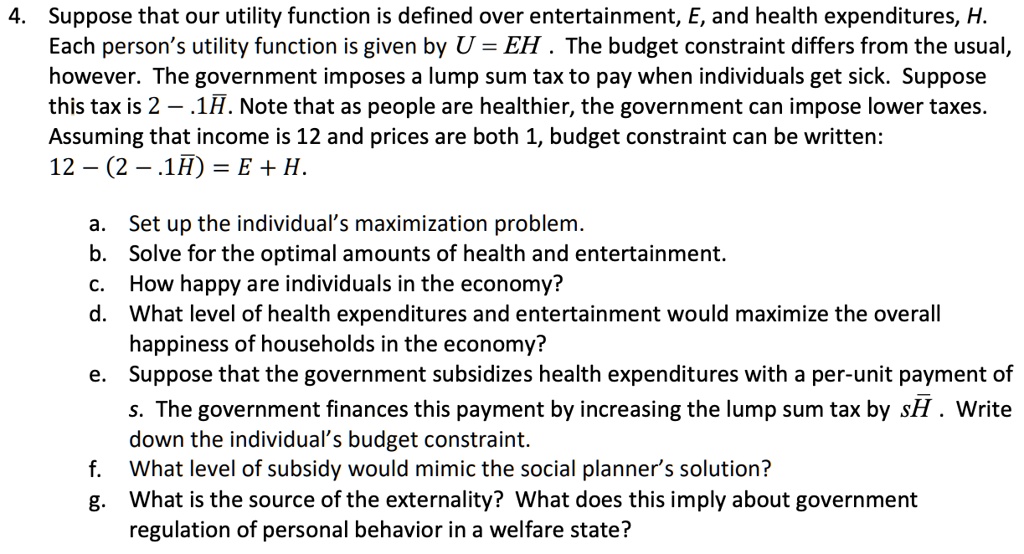 Solved Suppose That Our Utility Function Is Defined Over Entertainment
