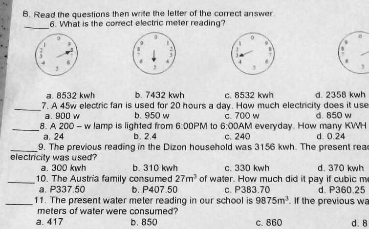 SOLVED: B. Read the questions then write the letter of the correct ...
