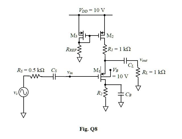 SOLVED: A single-stage amplifier circuit is shown in Fig. Q8, where all ...