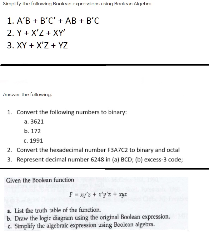 simplify the following boolean expressions using boolean algebra 1 ab ...