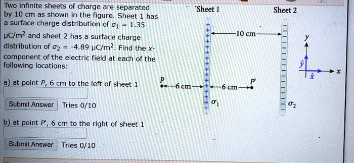 SOLVED: Two infinite sheets of charge are separated by 10 cm as shown in the figure. Sheet 1 has ...