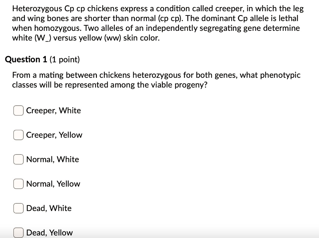 Heterozygous Cp cp chickens express a condition called creeper, in ...