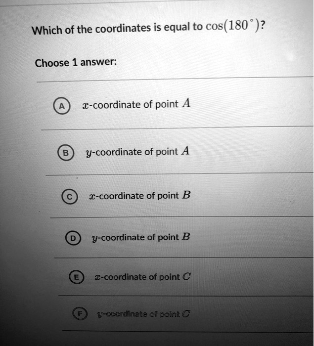 SOLVED:Which of the coordinates is equal to cos(180* )? Choose 1 answer ...