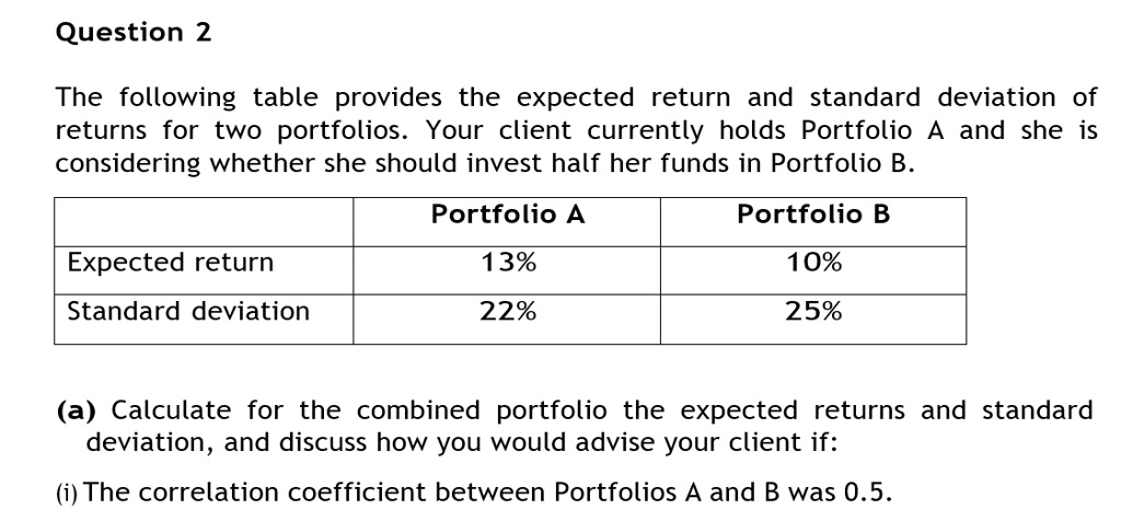 SOLVED: Question 2 The following table provides the expected return and ...