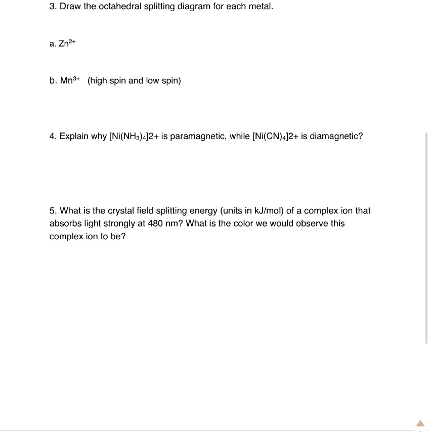 SOLVED: Draw the octahedral splitting diagram for each metal. a. Zn2 ...