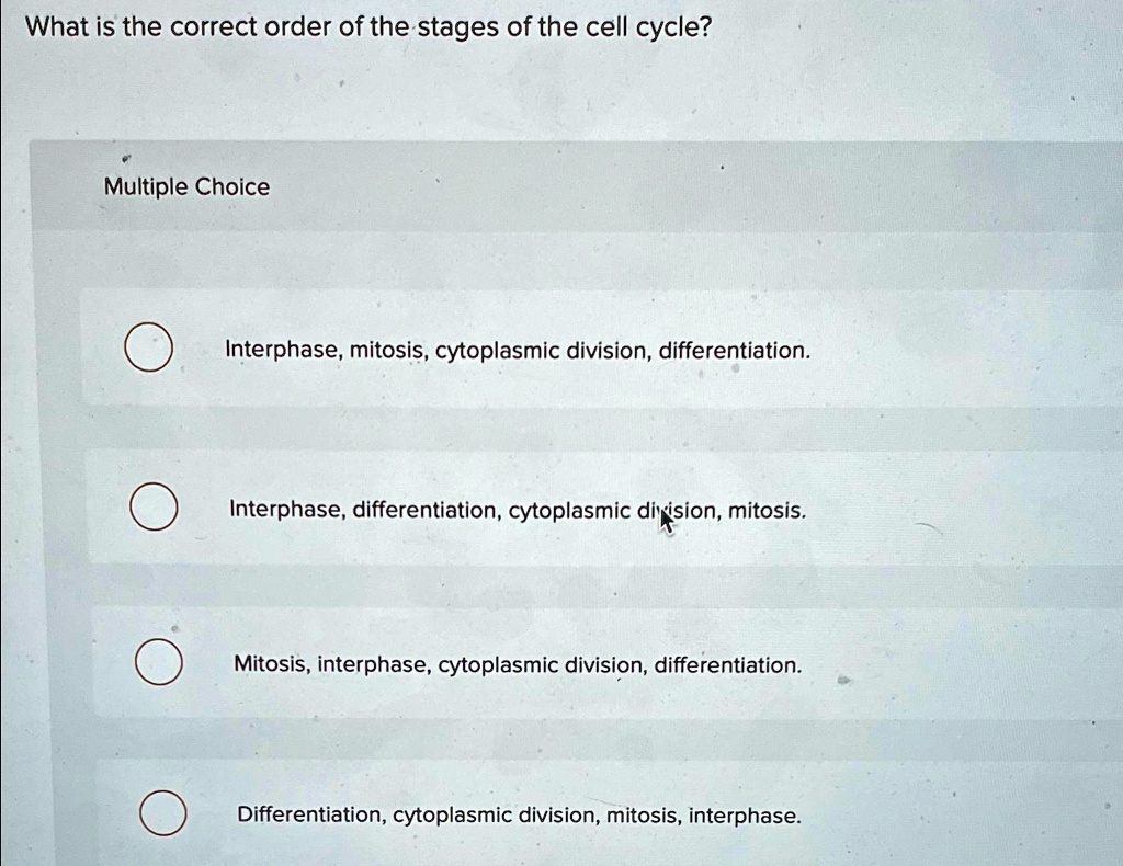 SOLVED: What is the correct order of the stages of the cell cycle ...