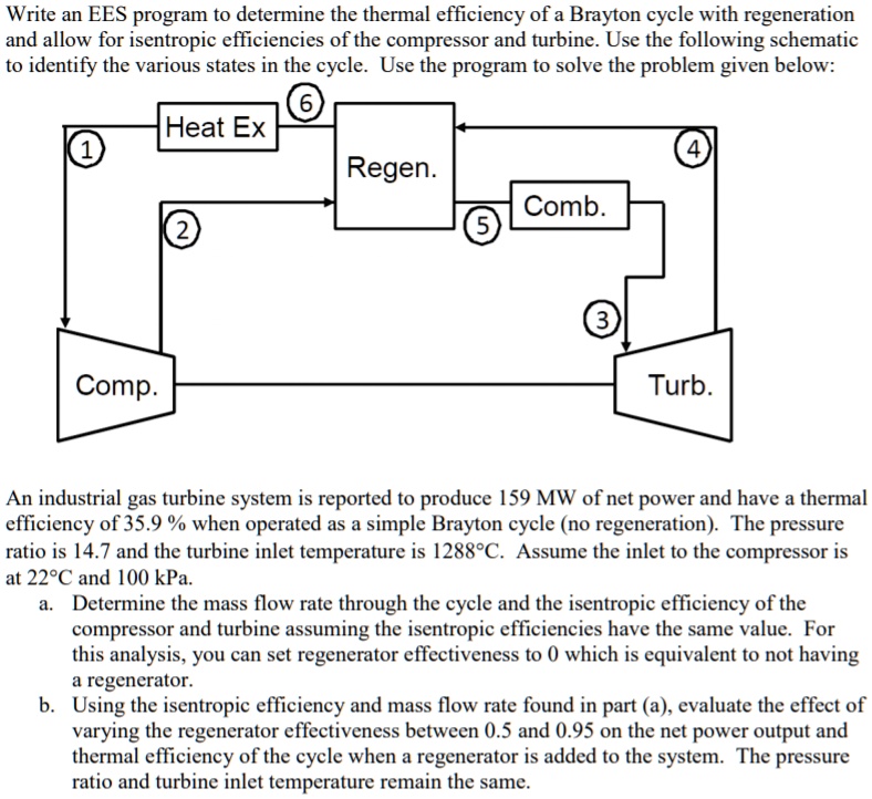 Write an EES program to determine the thermal efficiency of a Brayton cycle with regeneration ...