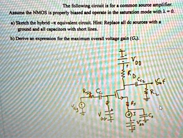 The following circuit is for a common source amplifier. Assume the NMOS is properly biased and ...