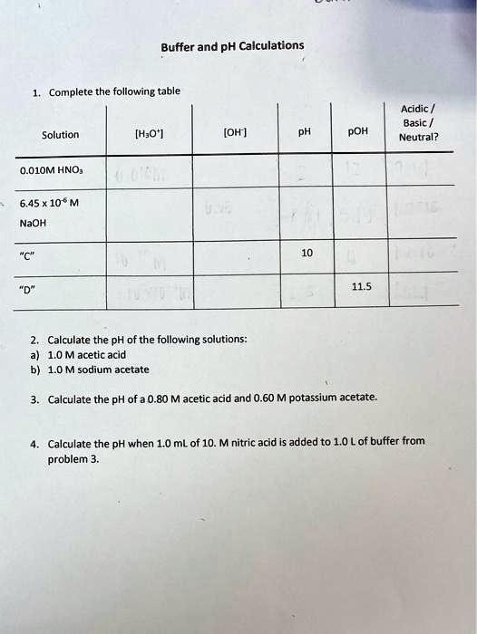 SOLVED:Buffer and pH Calculations Complete the following table Acidic Basic Neutral? Solution [H ...