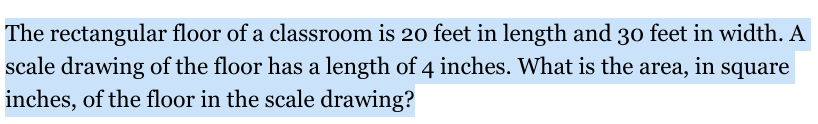 the rectangular floor of a classroom is 20 feet in length and 30 feet ...