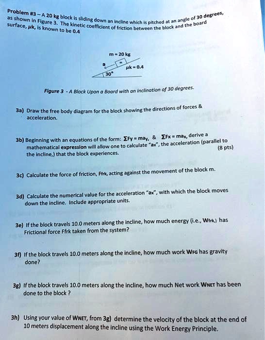 SOLVED: Problem #3 - A 20 kg block is sliding down an incline which is pitched at an angle of 30 ...