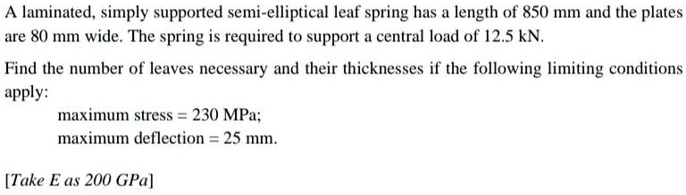 SOLVED: A laminated, simply supported semi-elliptical leaf spring has a ...