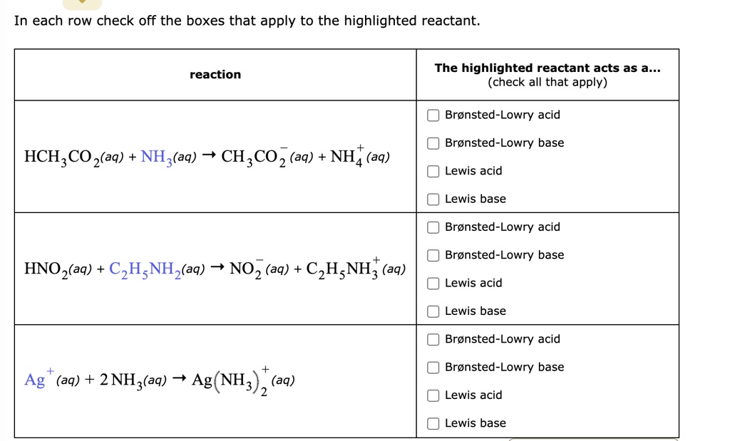 SOLVED:In each row check off the boxes that apply to the highlighted reactant_ The highlighted ...