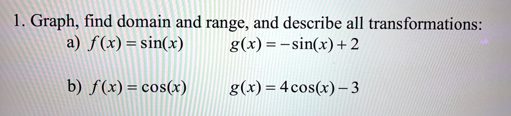 SOLVED:1. Graph, find domain and range, and describe all transformations: a) f(x) = sin(x) g(x ...
