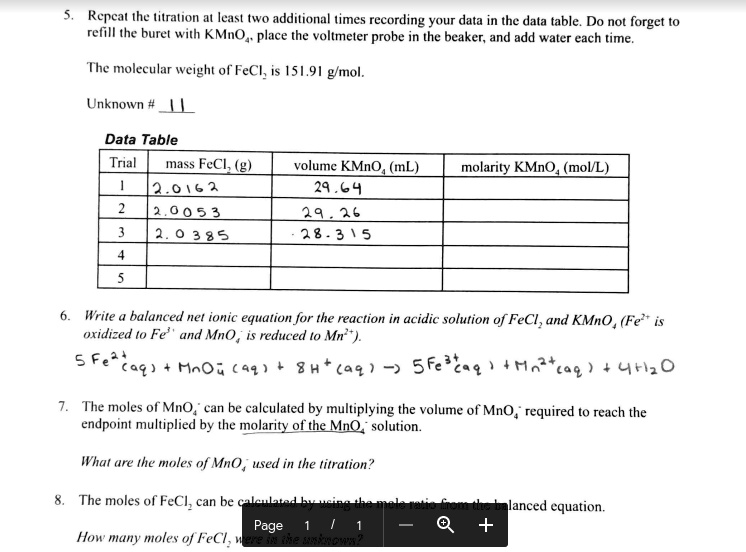 5. Repeat the titration at least two additional times recording your data in the data table. Do ...