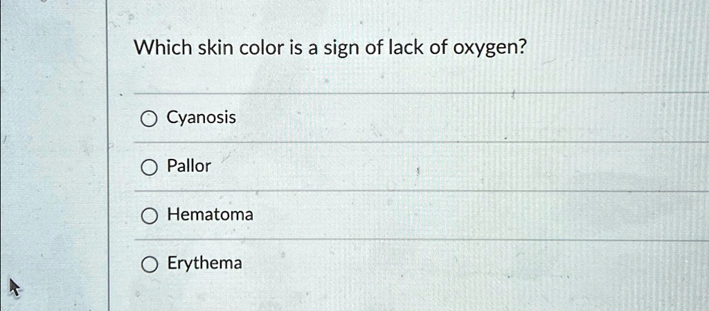SOLVED: Which skin color is a sign of lack of oxygen? Cyanosis Pallor ...