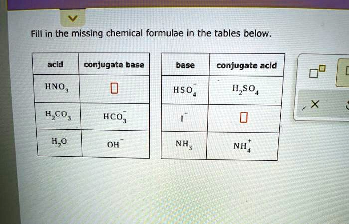 SOLVED: Fill in the missing chemical formulae in the tables below. acid conjugate base base ...