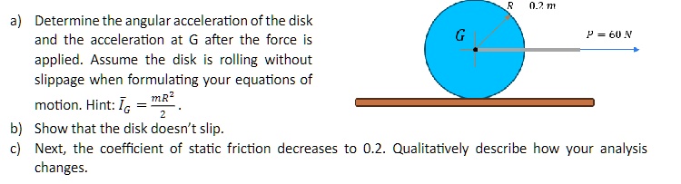 a) Determine the angular acceleration of the disk and the acceleration ...