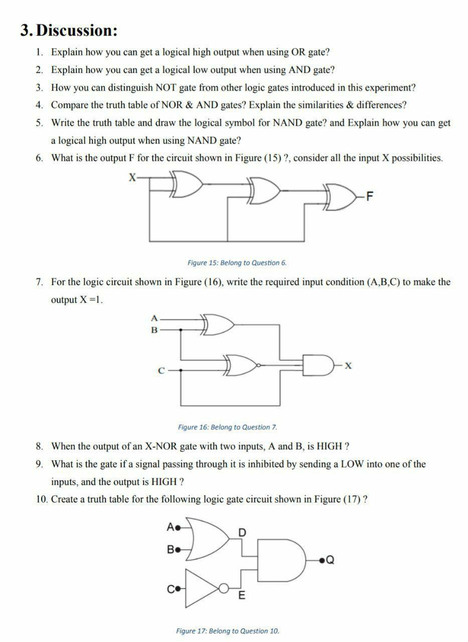 3. Discussion: 1. Explain how you can get a logical high output when using OR gate? 2. Explain ...