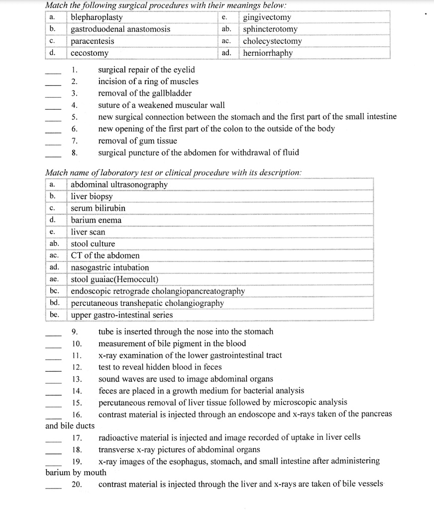 match the following surgical procedures with their meanings below a ...