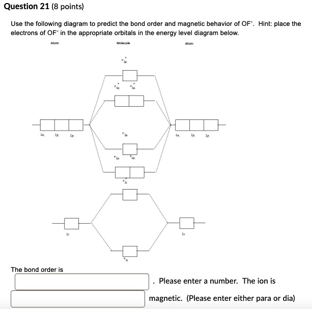 SOLVED: Question 21 (8 points) Use the following diagram predict the bond order and magnetic ...