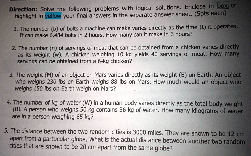 SOLVED: Direction: Solve the following problems with logical solutions ...