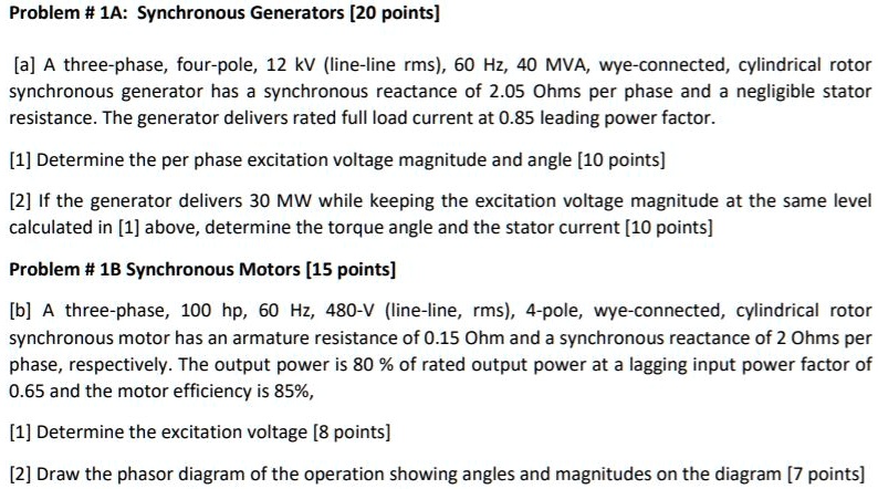 Problem # 1A: Synchronous Generators [20 points] [a] A three-phase, four-pole, 12 kV (line-line ...
