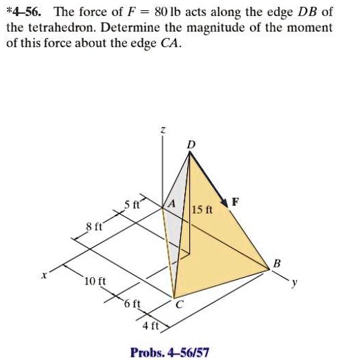 *4-56. The force of F = 80 lb acts along the edge DB of the tetrahedron. Determine the magnitude ...