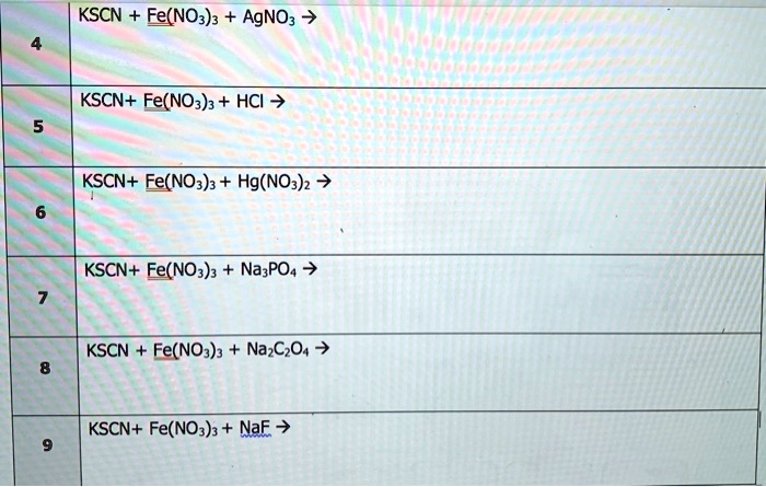 SOLVED: KSCN + Fe(NO3)3 + AgNO3 KSCN + Fe(NO3)3 + HCl = KSCN + Fe(NO3)3 ...