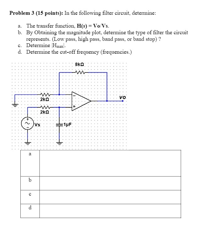 SOLVED: Problem 3: In the following filter circuit, determine: a. The transfer function, H(s ...