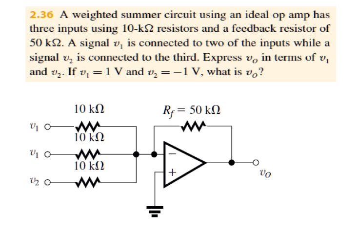 2.36 A weighted summer circuit using an ideal op amp has three inputs ...
